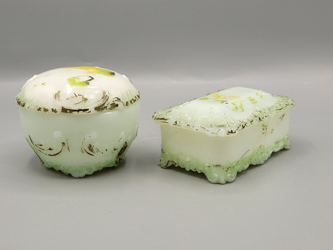 2 French Victorian Opaline Glass Powder Boxes, Trinket Chest ~ Pale ...