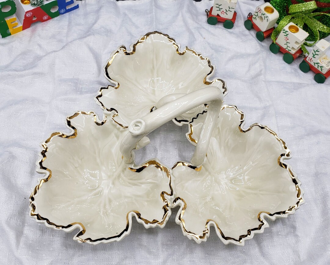 MCM Ivory Fall Autumn Leaves Pottery Ceramic Serving Dish ~ 3 Section ...