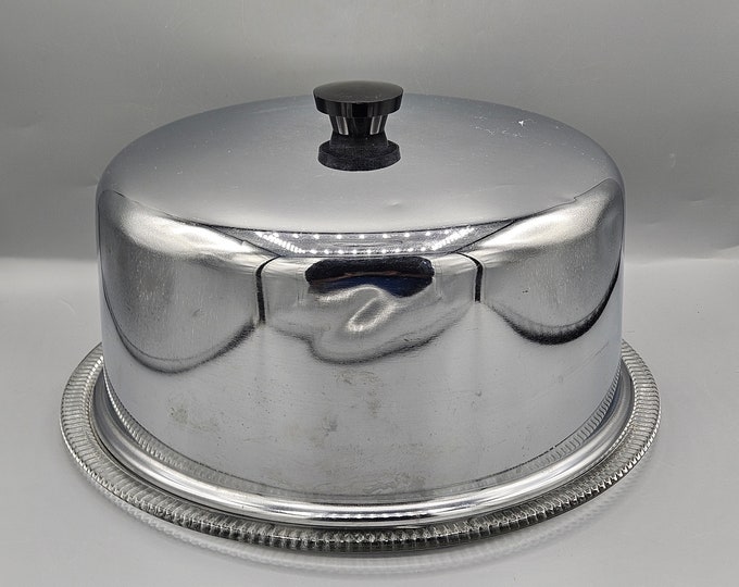 Mid Mod Chrome Domed Cake Cover and 3 Footed Diamond Cut Glass Plate ...