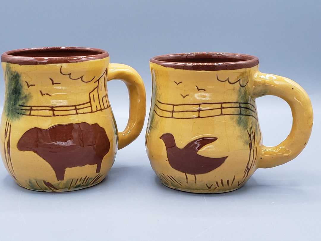 Hand Thrown, Hand Painted Red Clay Mugs ~ Farm Scenes ~ Sheep and Bird ...