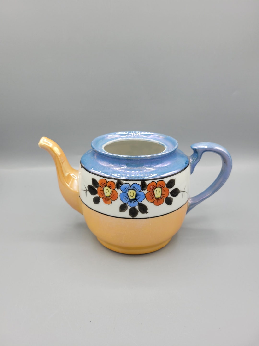 Vintage Japanese Porcelain Lustreware Teapot Orange & Blue With Flowers ...