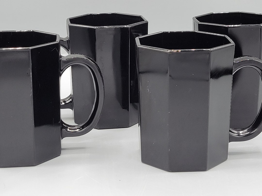 Arcoroc France Octime Black Set of 4 Octagonal Glass Coffee Mugs, Tea ...