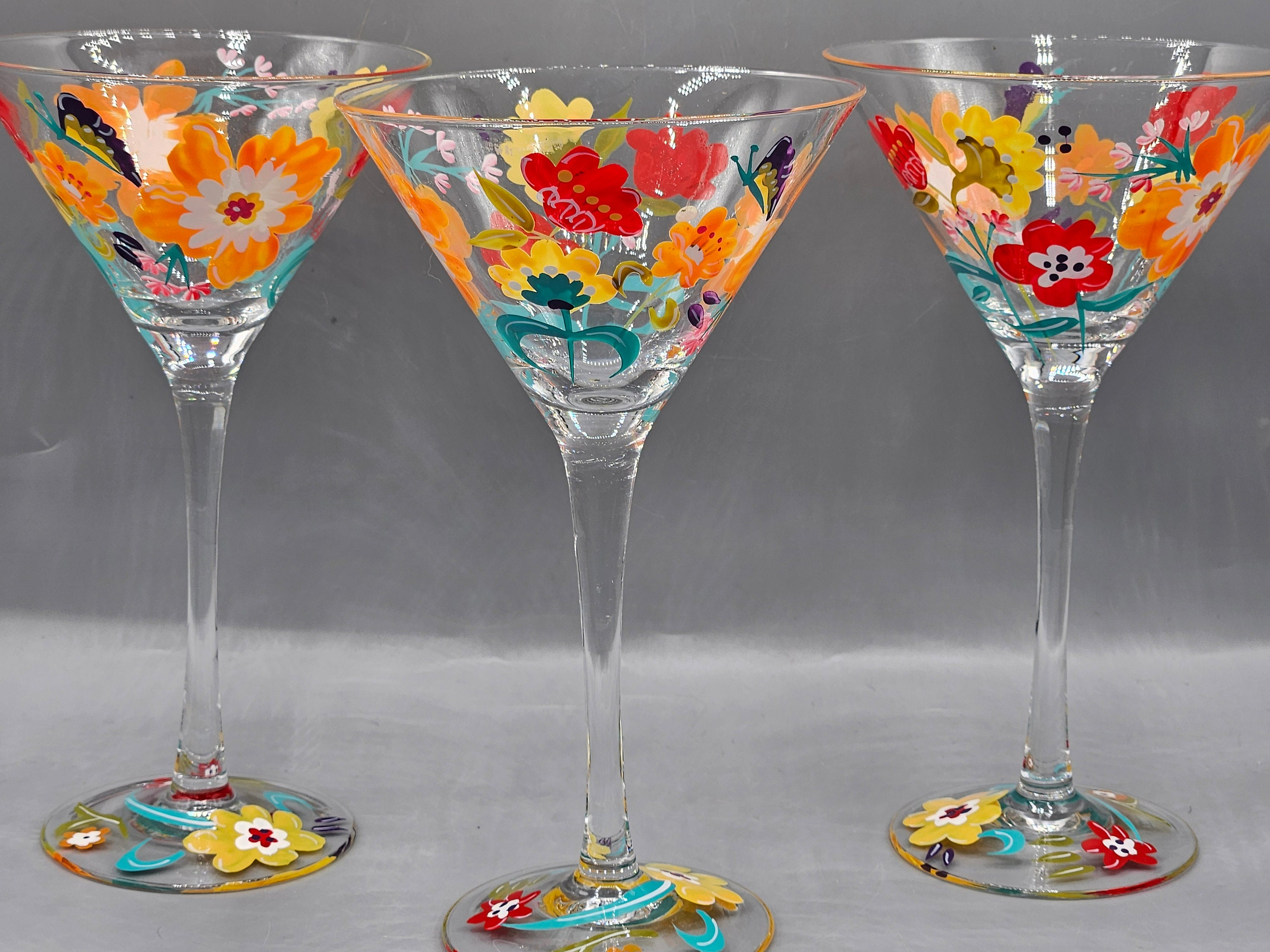 Spring Floral Hand Painted Martini Drinking Glasses ~ Butterfly ...