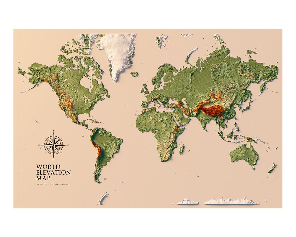 Elevation World Map - Etsy