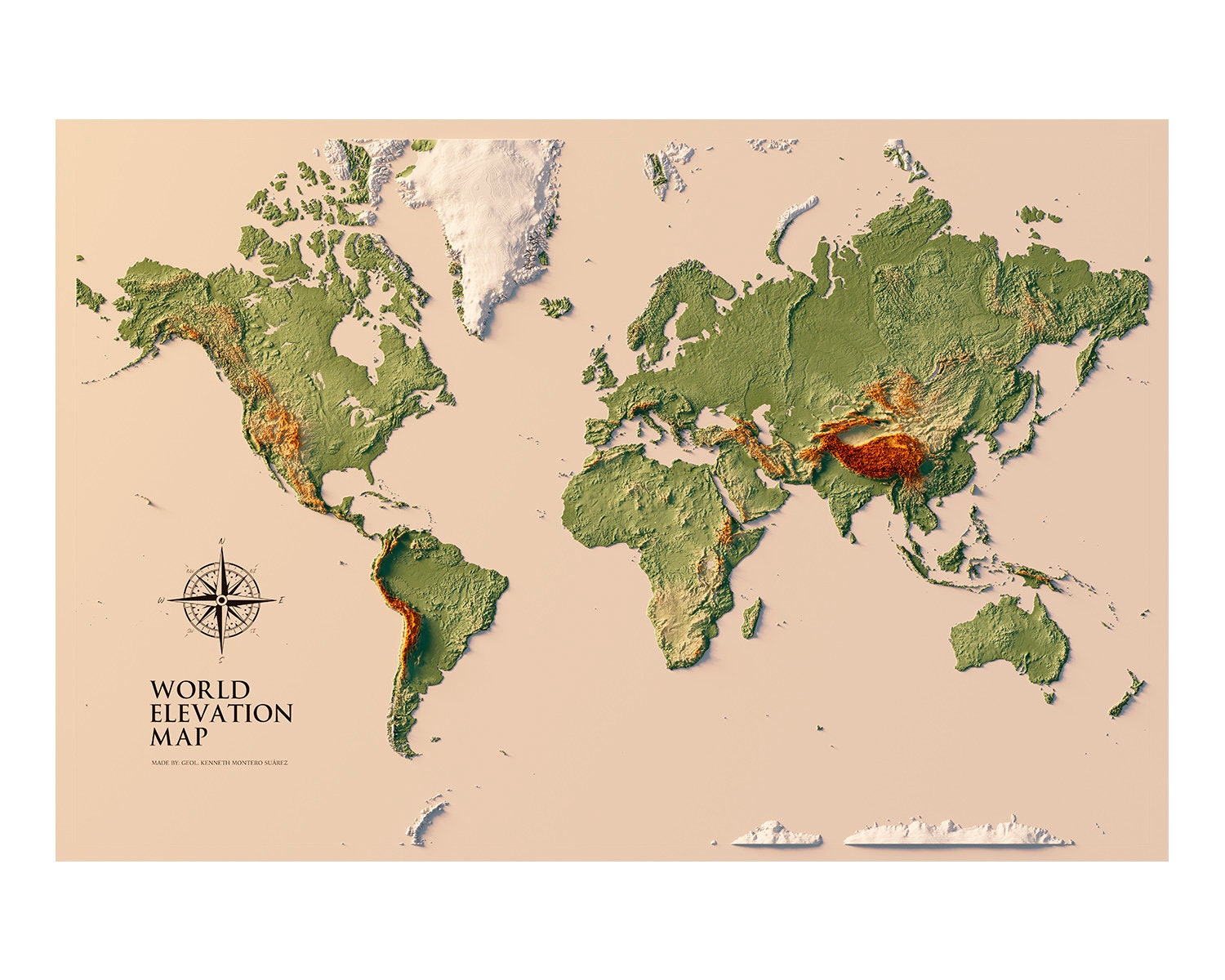 Elevation World Map - Etsy