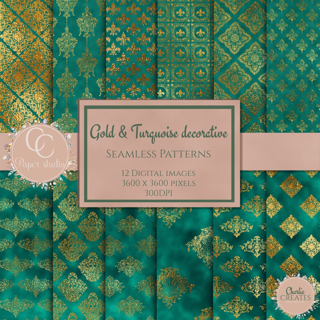 Turquoise & Gold Foil Damask Digital Paper, Gold Scrapbooking Paper ...