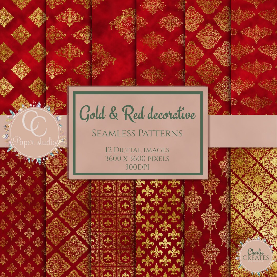 Red & Gold Foil Damask Digital Paper Gold Scrapbooking Paper - Etsy