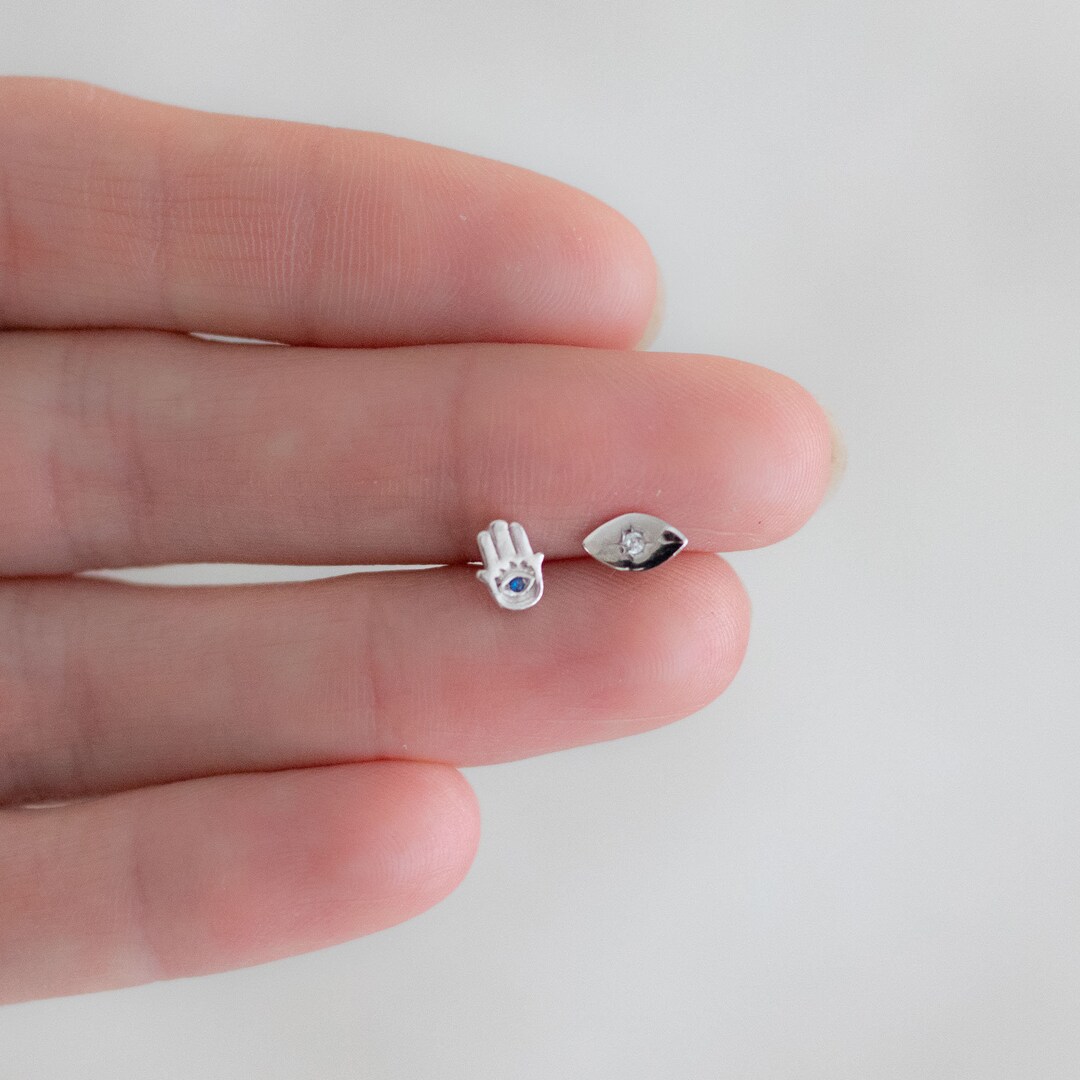 Hamsa & Evil Eye Earring Set (silver Hamsa Earrings, Asymmetrical Earrings, Silver Evil Eye ...