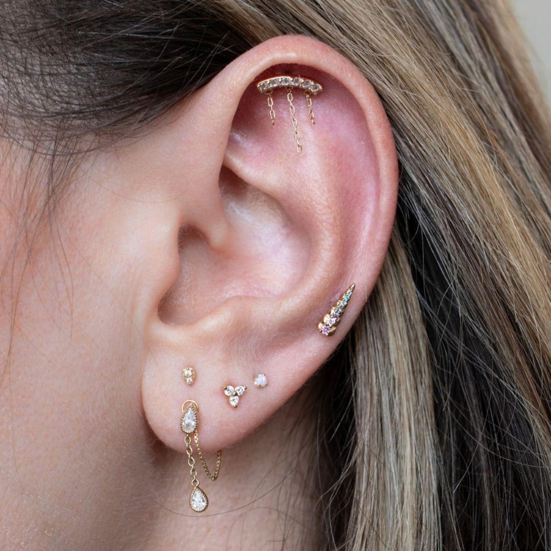 14k Crystal Chain Floating Helix Earring (threadless Earring, Flatback Earring, Push Pin Stud ...