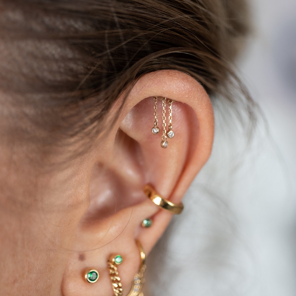 14k Triple Crystal Floating Helix Earring White Gold (threadless Flat ...