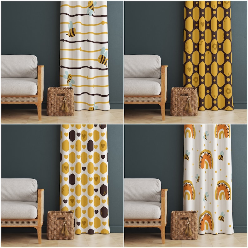 Bee Print Curtain|honeycomb Curtain|honey Window Decor|bee Themed ...