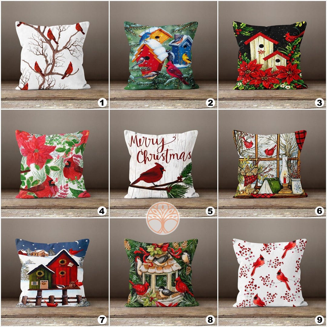 Christmas Pillow Cover|red Poinsettia and Cardinal Bird Home Decor ...
