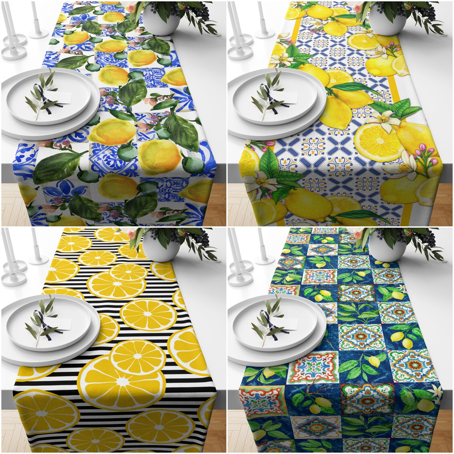 Lemon Table Runnerhigh Quality Floral Lemons on Geometric | Etsy