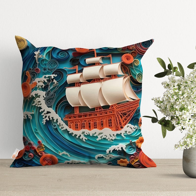 Sailing Ship Cushion Case|nautical Pillow Cover|coastal Home Decor ...