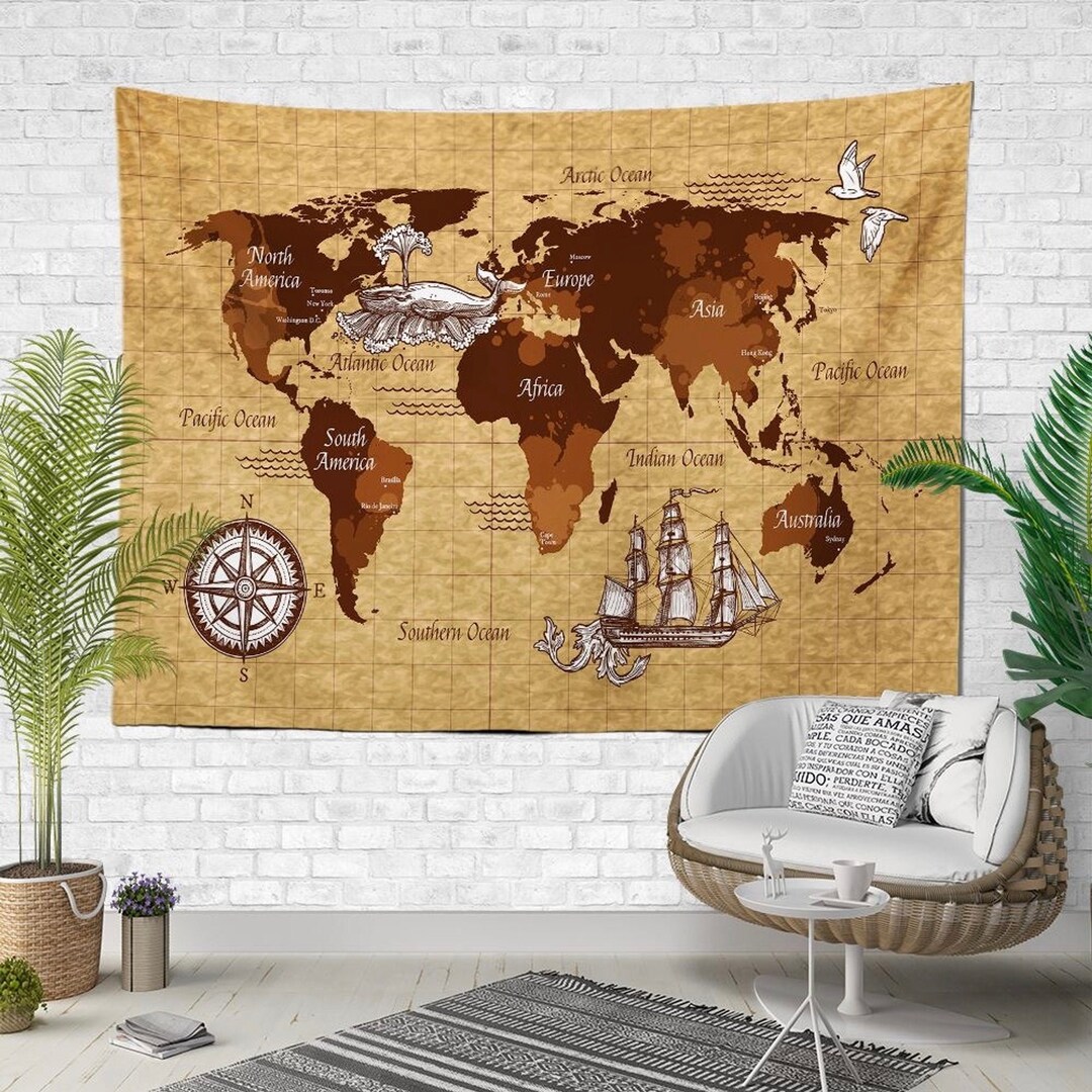 Old World Map Fabric Wall Tapestry|old World Map Wall Hanging Art ...