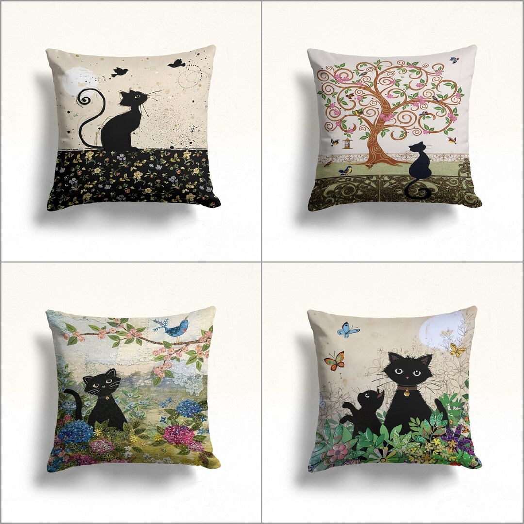 Floral Cat Pillow Casecat Cushion Coverblack Cat, Bird and Butterfly Pillowtopanimal Sofa ...