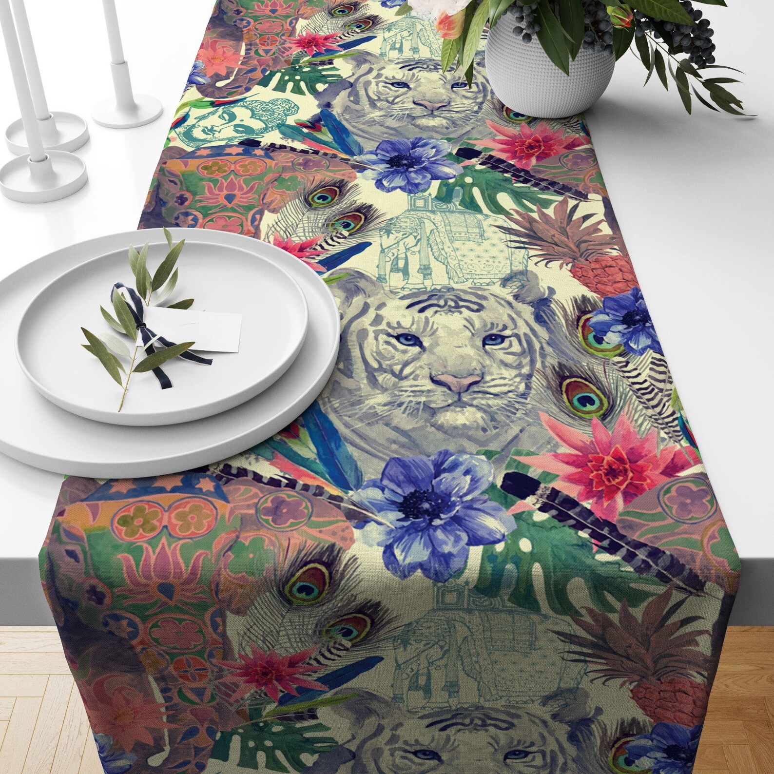Wild Animals Table Runner|floral Animal Print Table Top|wild Cats ...