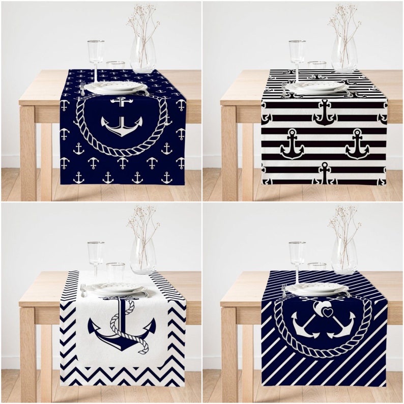 Nautical Table Runner|high Quality Suede Navy Anchor Table Runners ...
