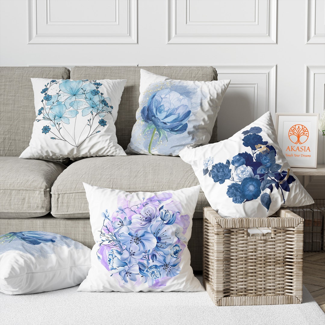 Blue Floral Pillow Cover|summer Cushion|decorative Pillowtop|boho ...