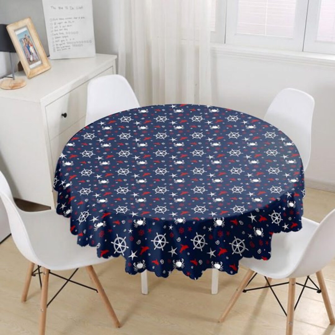 Nautical Tablecloth|navy Anchor Print Round Table Linen|coastal Kitchen ...