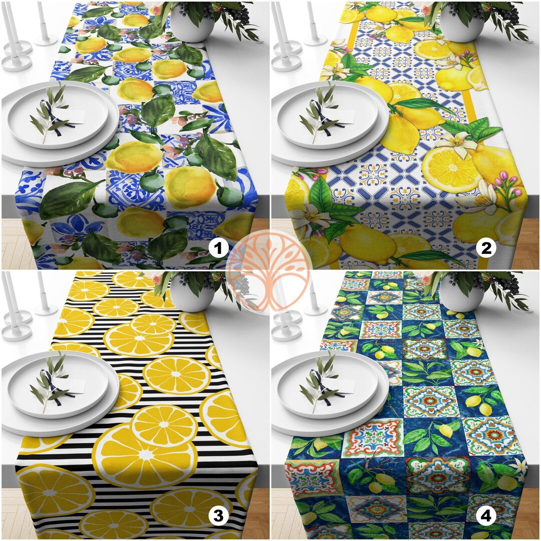 Lemon Table Runner|high Quality Floral Lemons on Geometric Design Table ...