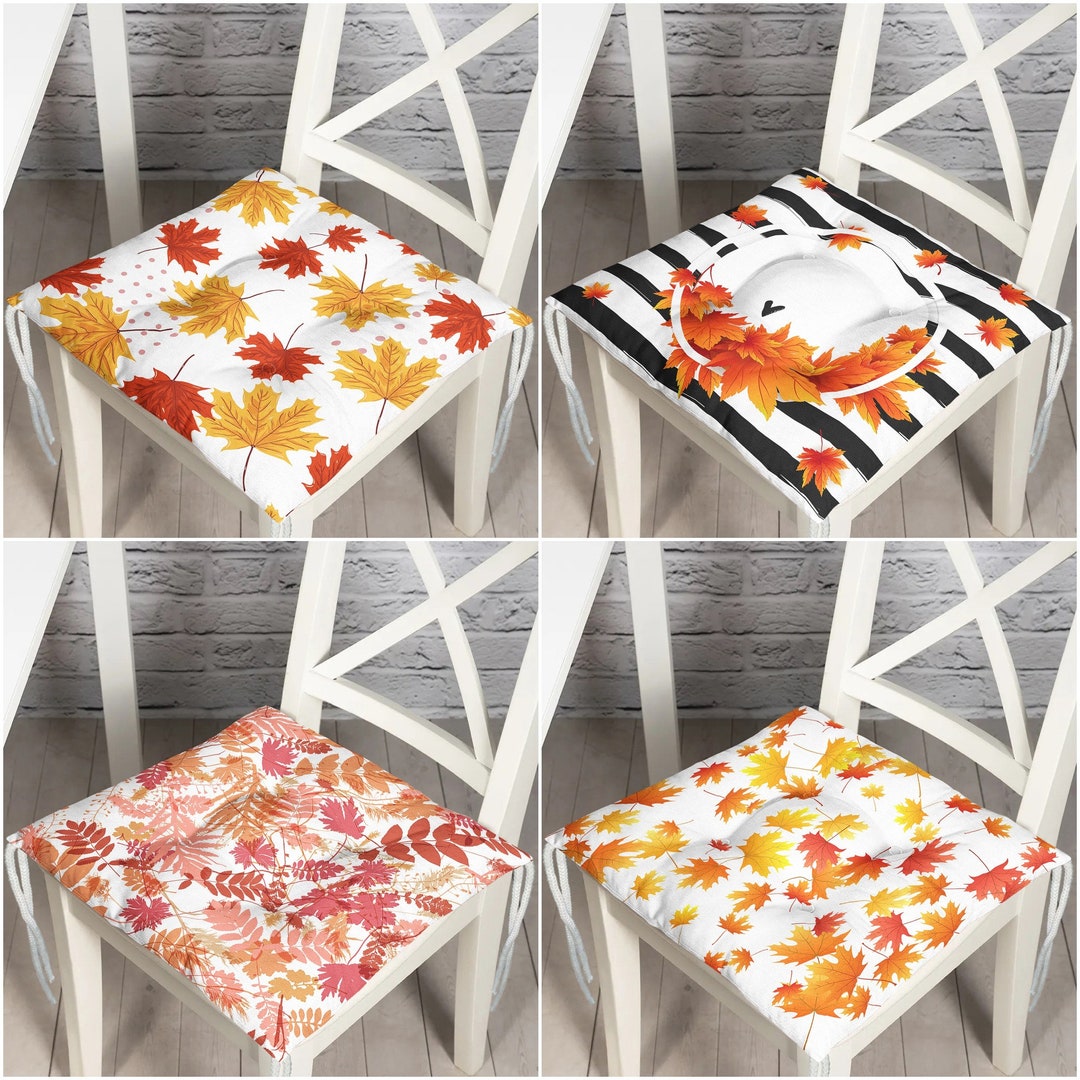 Puffy Chair Cushion|fall Trend Seat Pad With Ties|dry Leaves Print ...
