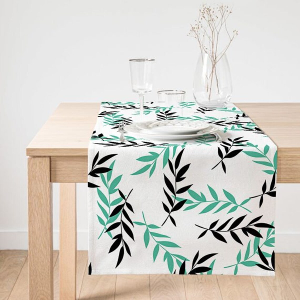 Leaf Table Runnerblack Green and Brown Leaf Drawing Suede - Etsy