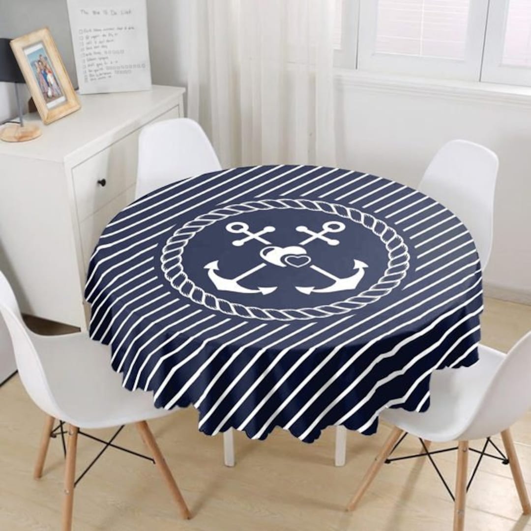 Nautical Tablecloth|navy Wheel and Anchor Print Round Table Linen ...