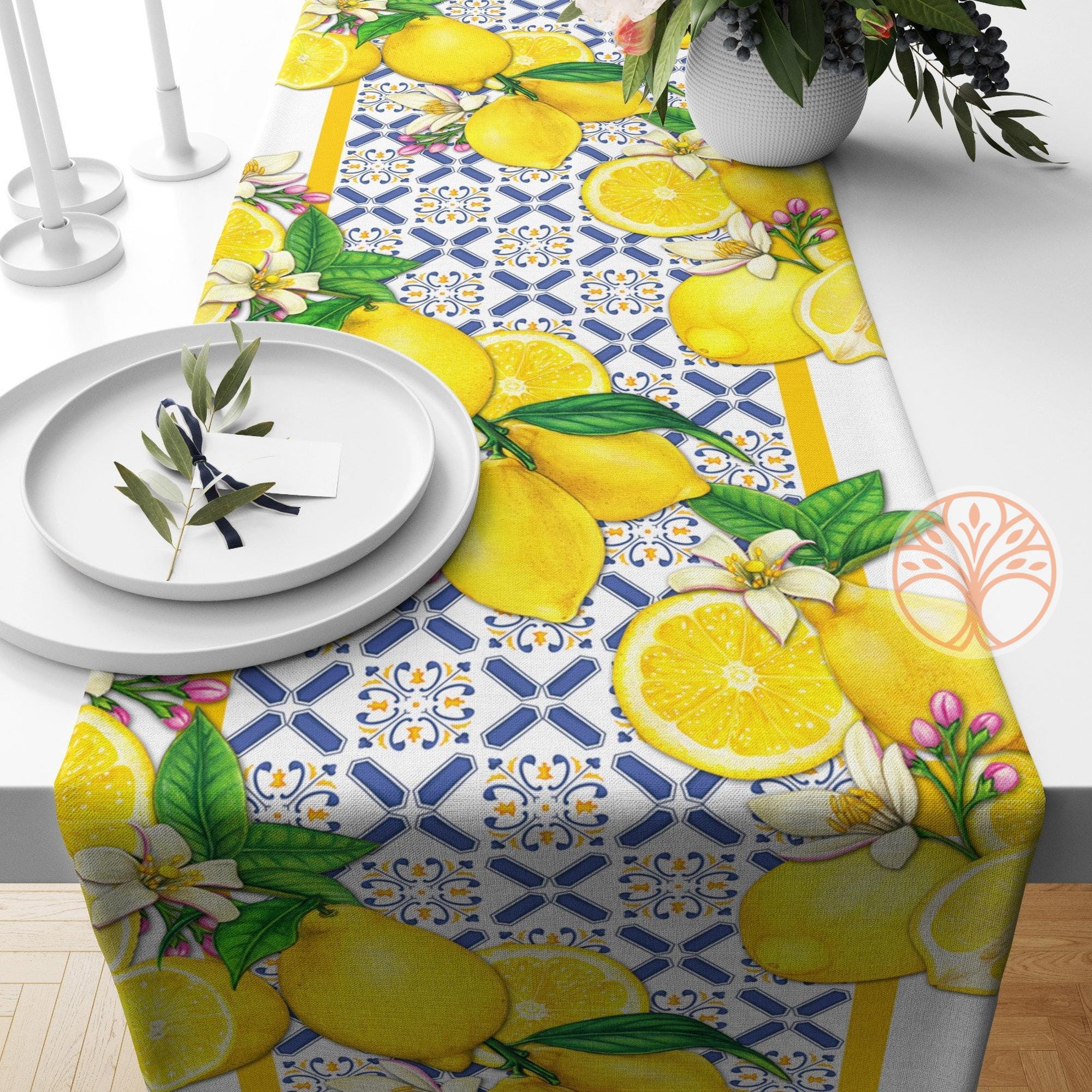 Lemon Table Runner|high Quality Floral Lemons on Geometric Design Table ...