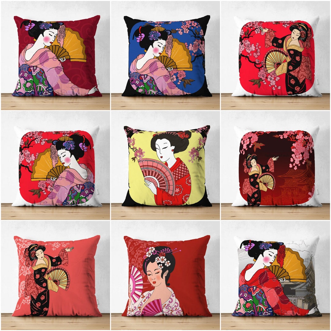 Japanese Girl Pillow Cover|asian Design Cushion Case|authentic Kimono ...