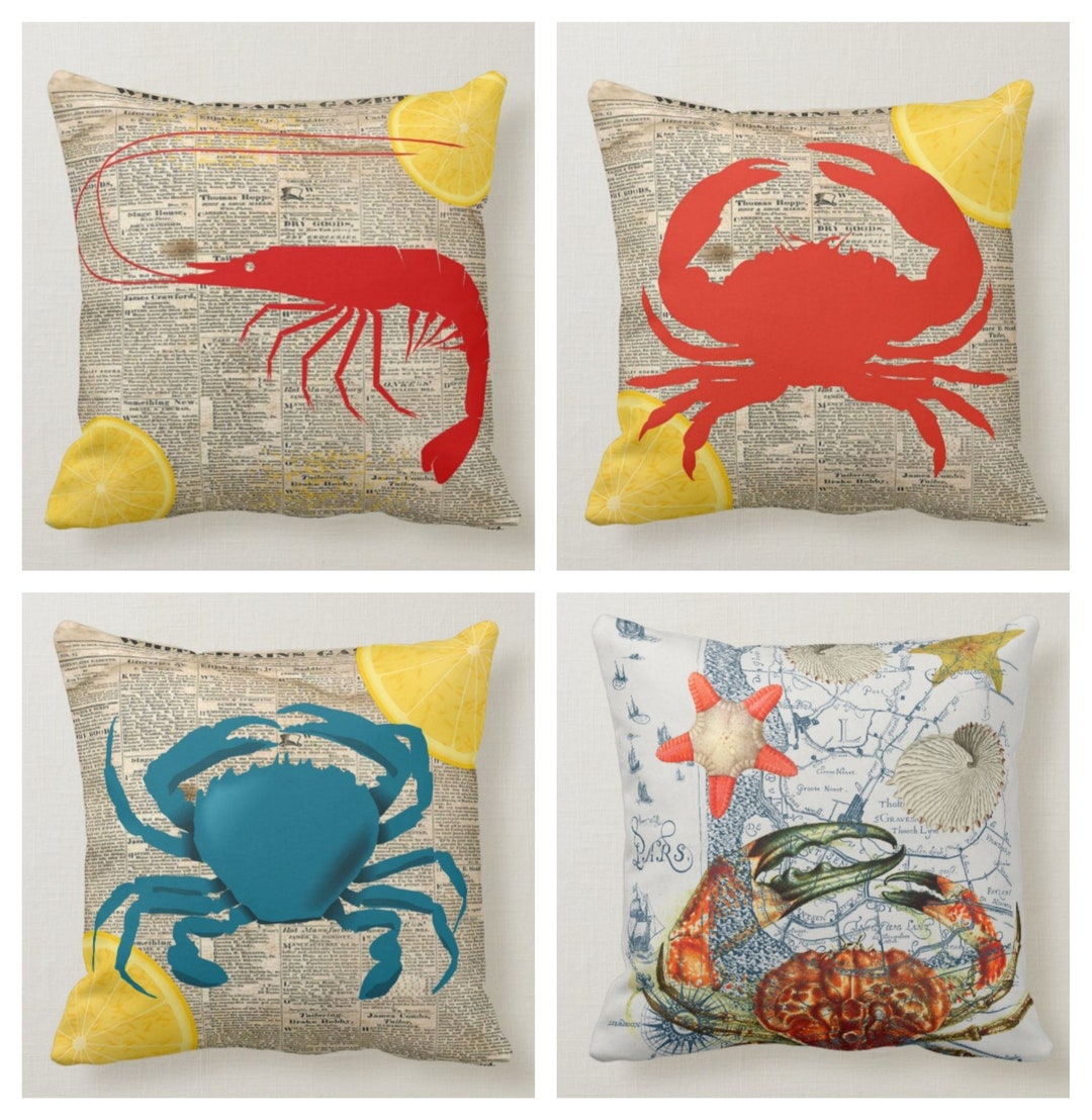Beach House Pillow Case|marine Crabs With Lemons Pillow Cover|nautical ...