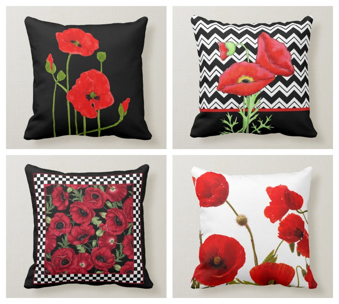Red Poppy Pillow Coverred Floral Cushion Casedecorative Throw Pillow ...