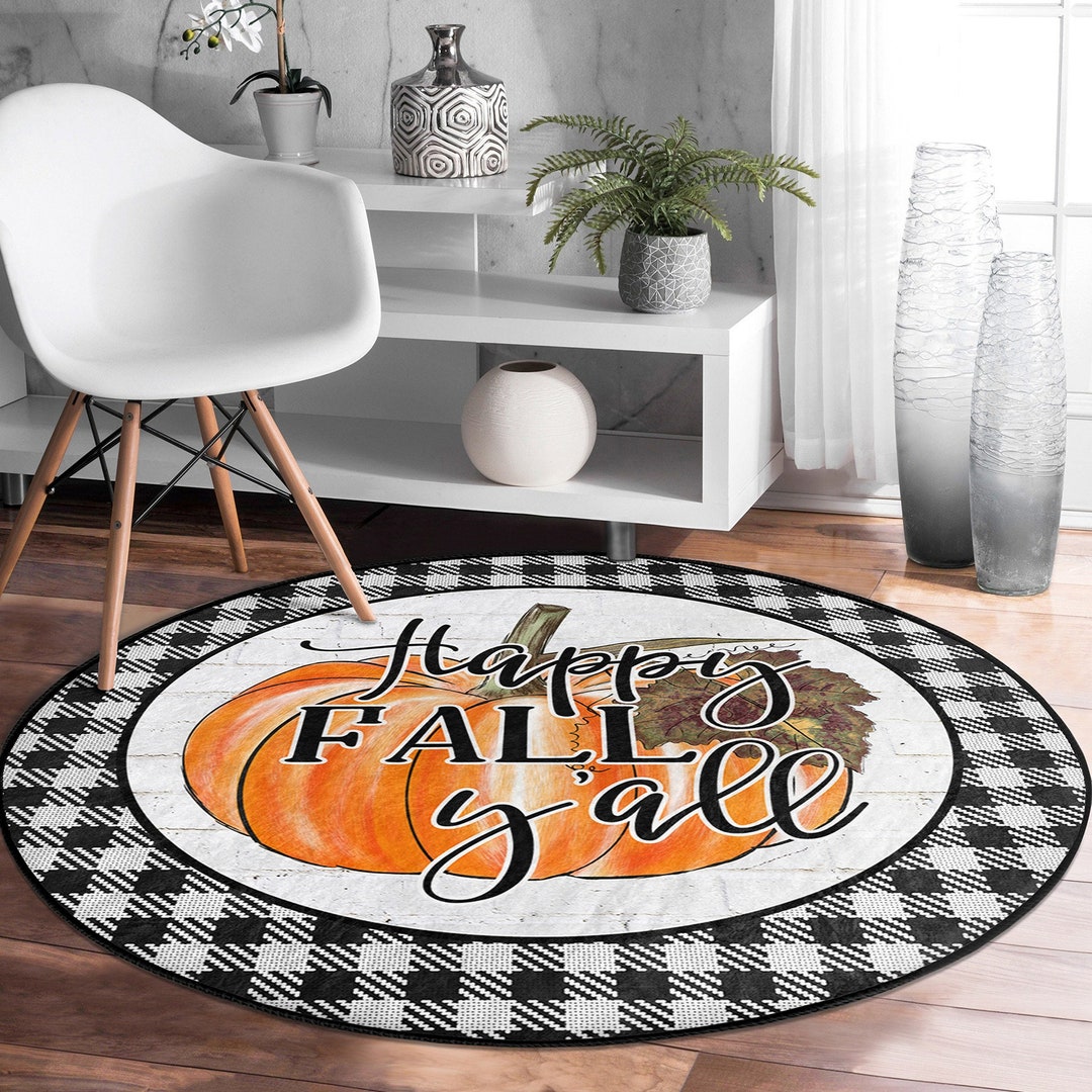 Happy Fall Round Rug|non-slip Round Carpet|black White Geometric Fall ...