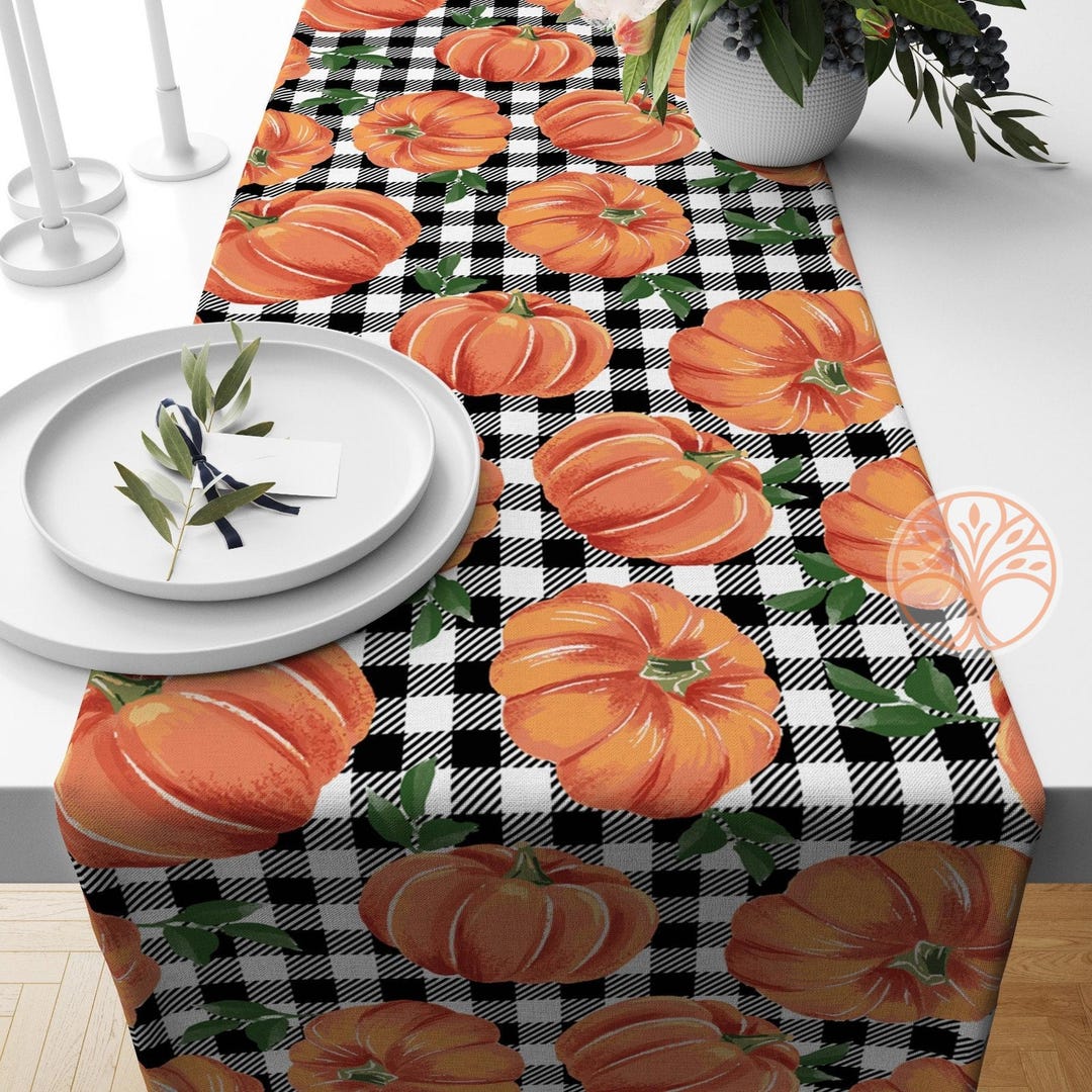 Fall Trend Table Runner|orange and White Pumpkin Table Runner|checkered ...