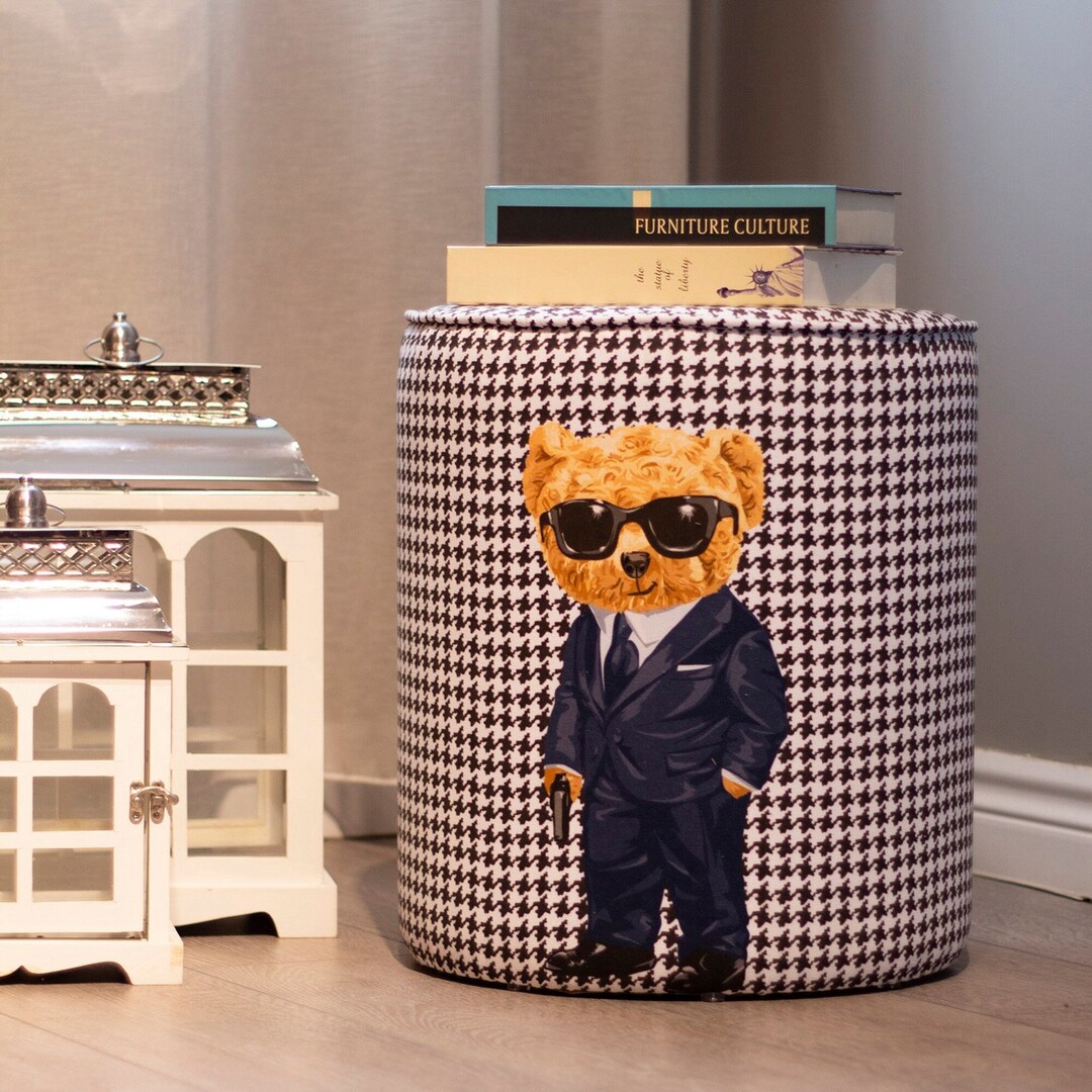 Cute Bear Round Pouf|wooden Frame Pouf Chair|decorative Footstool|suede ...
