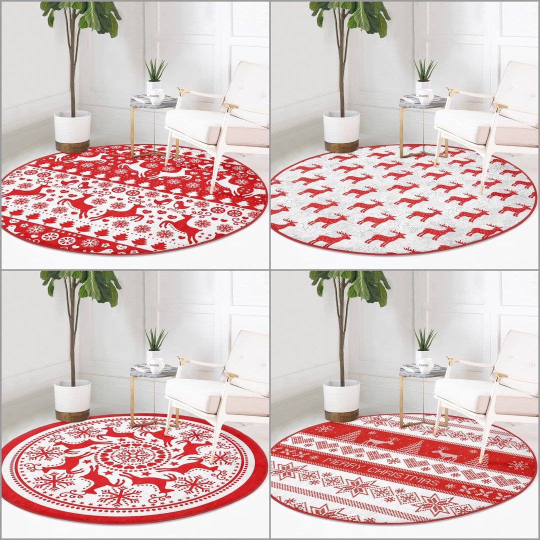 Christmas Round Rugred White Circle Carpetwinter Non-slip Rugmerry Xmas ...