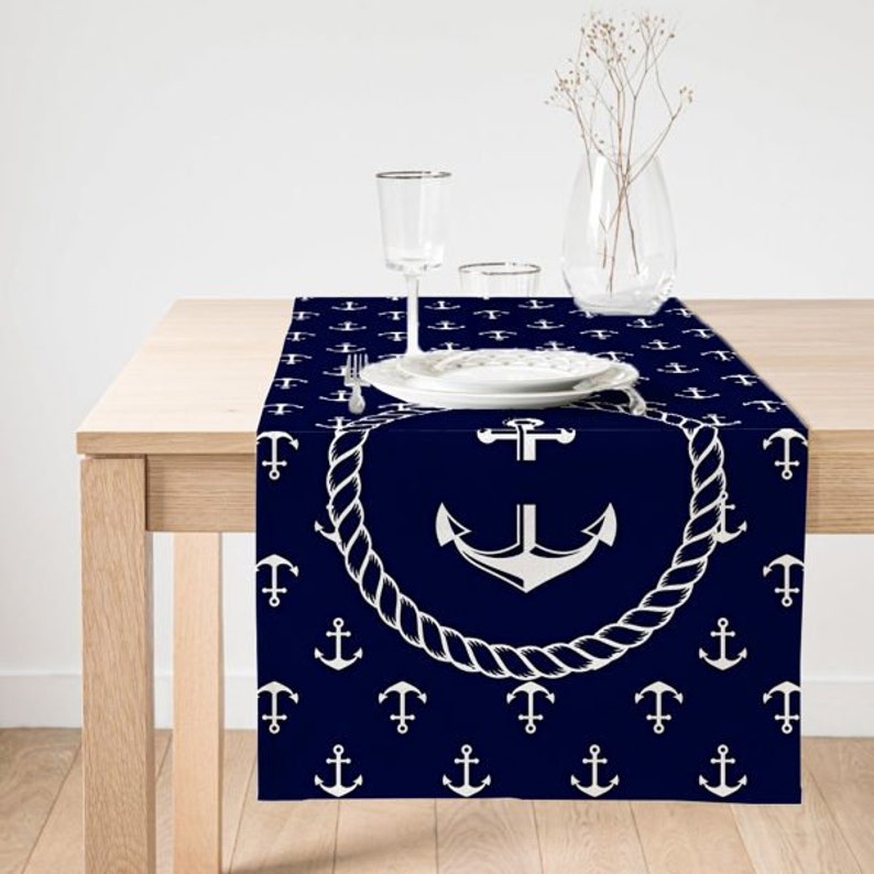 Nautical Table Runner|high Quality Suede Navy Anchor Table Runners ...