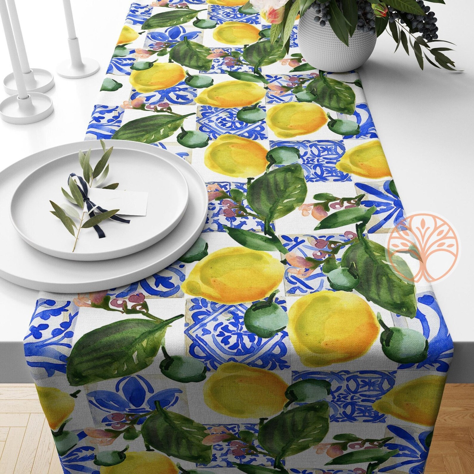 Lemon Table Runner|high Quality Floral Lemons on Geometric Design Table ...