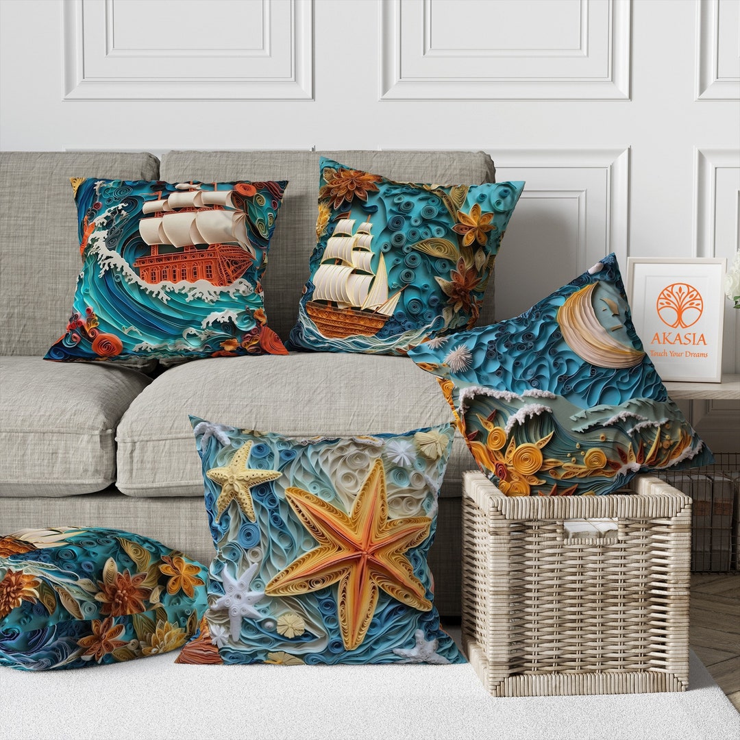 Sailing Ship Cushion Case|nautical Pillow Cover|coastal Home Decor ...