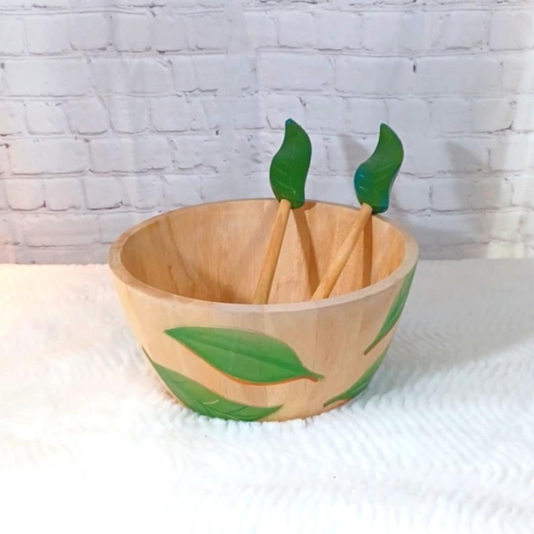 CLAY Art Hand Painted & Carved Wooden Salad Bowl /W Utensils - Etsy