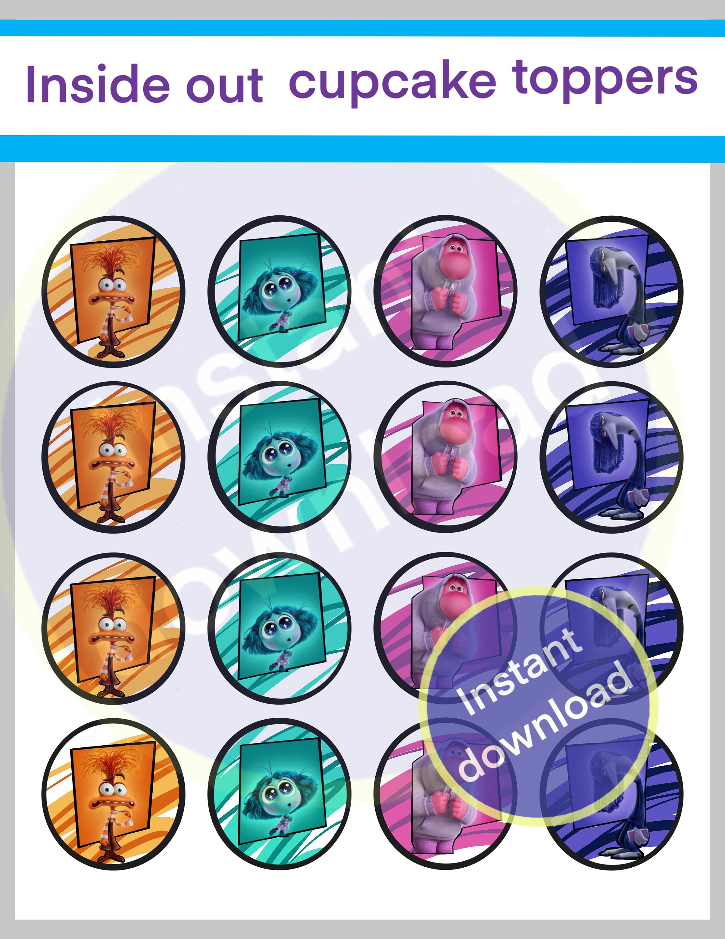 Inside Out Cupcake Toppers Instant Download Birthday Anxiety Ennui Envy ...