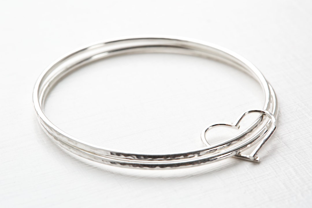 Handmade 925 Sterling Silver Double Bangle With Open Heart Link - Etsy UK