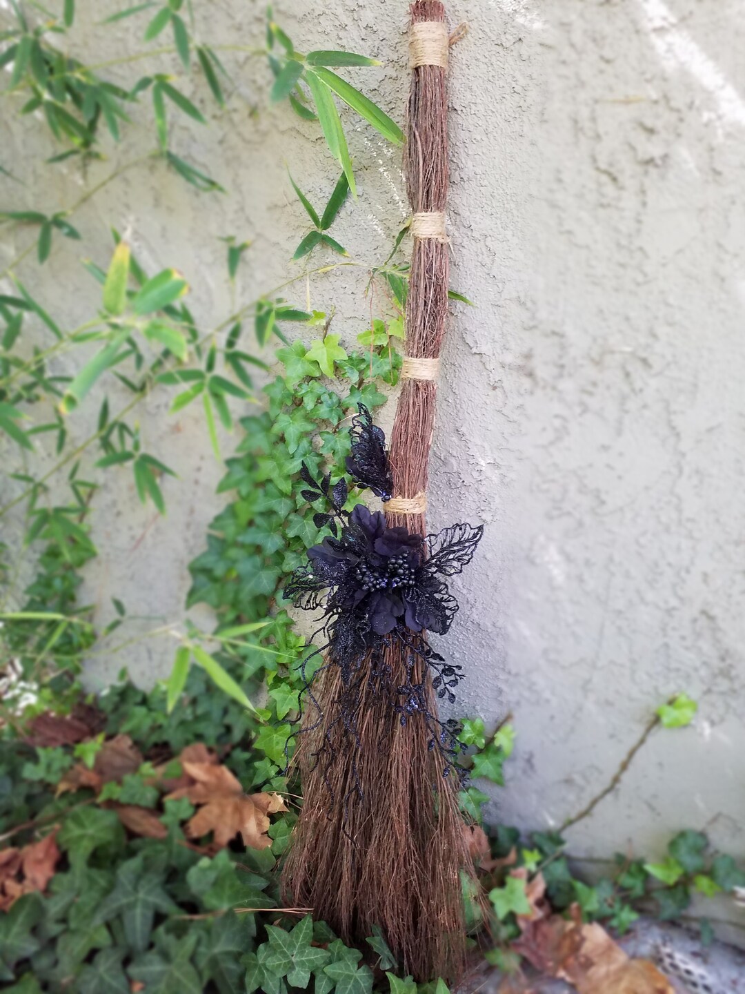 Hand-painted Hellebore Cinnamon Broom | Silk Noir Flowers With Magickal ...