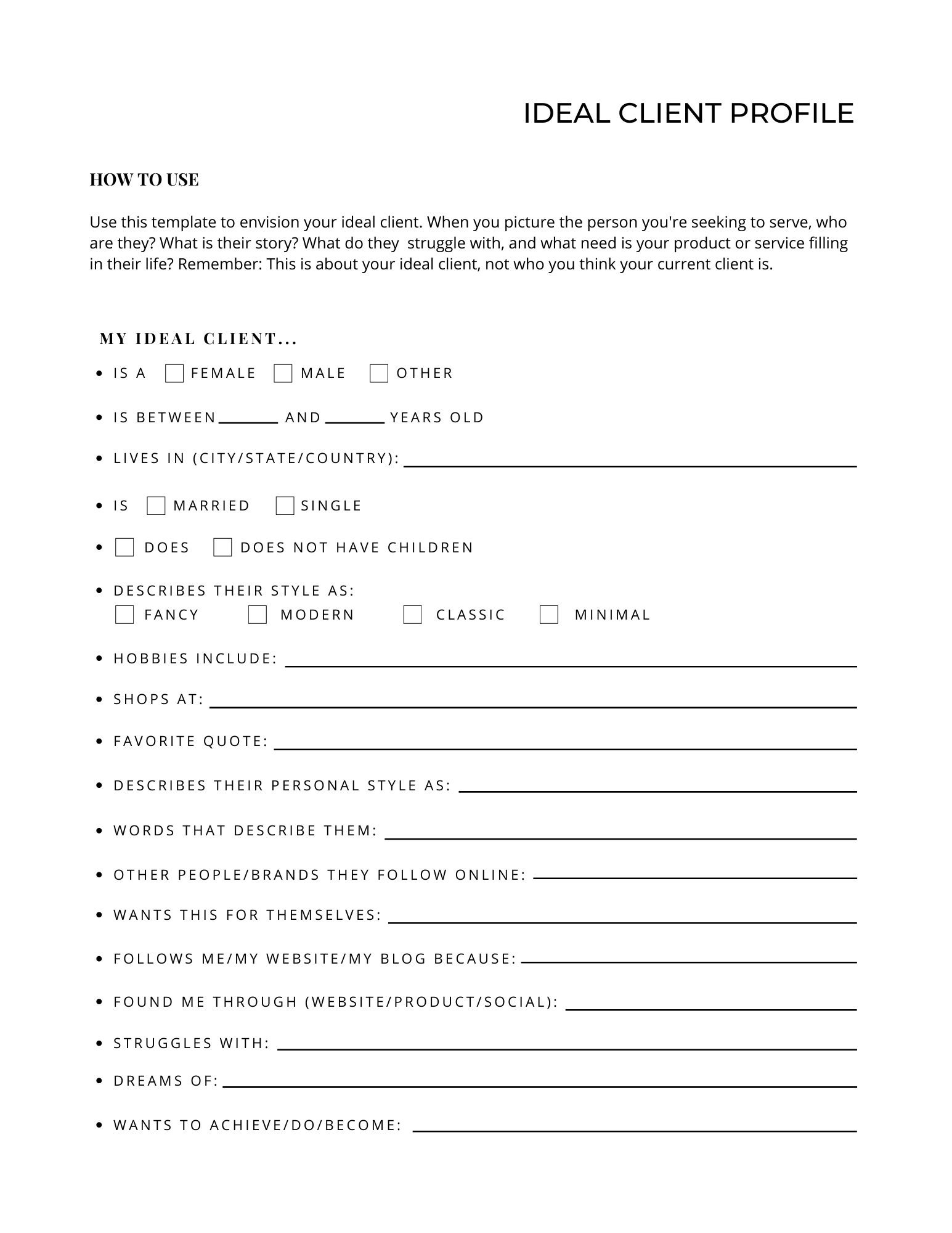 Ideal Client Profile Template, Ideal Client Vision Profile, Customer ...