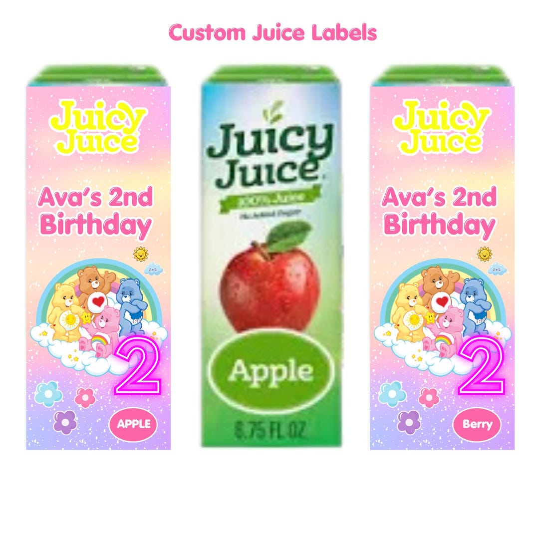 Carebear Juice Box Labels, Custom Carebear Birthday Party Supplies ...