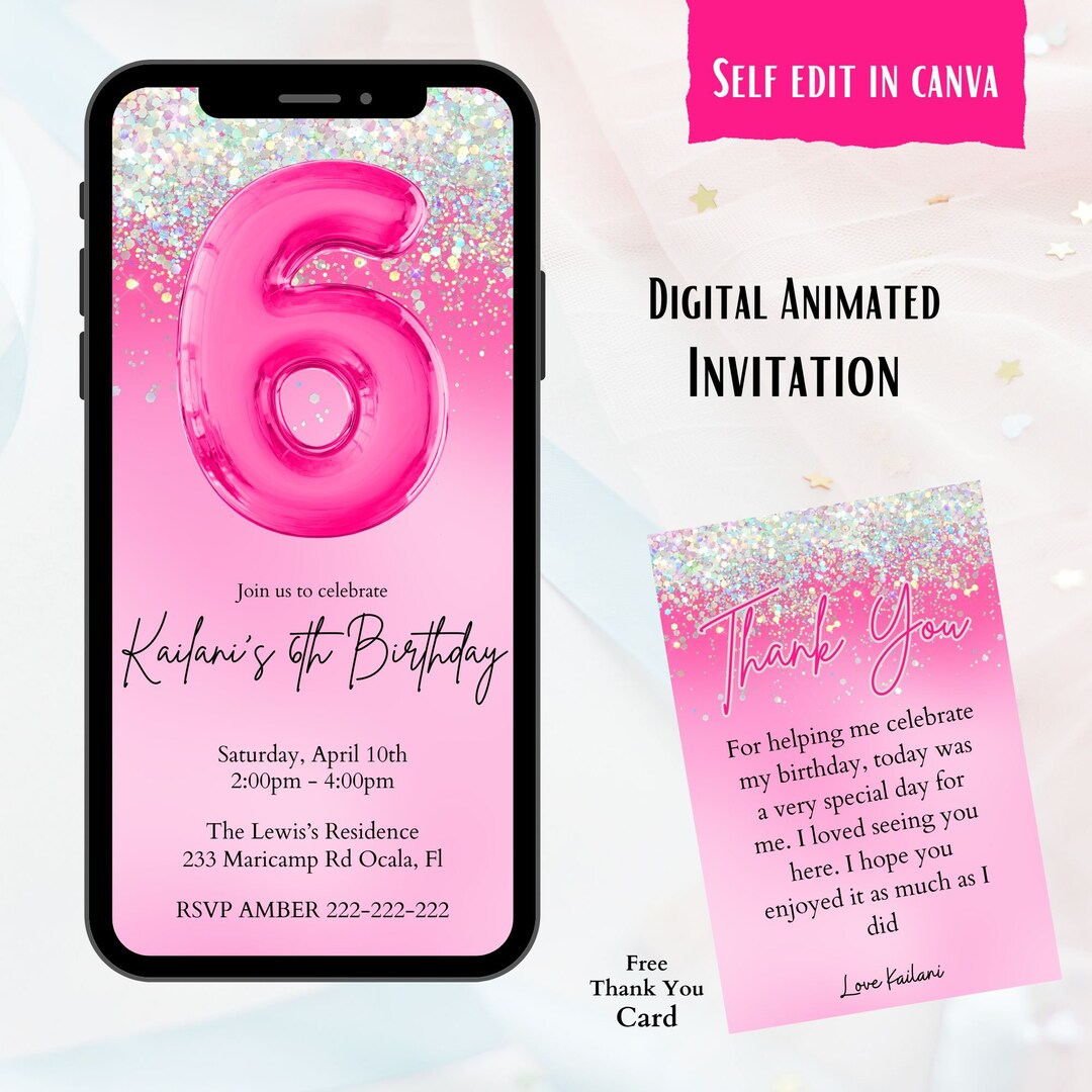 Editable Pink 6th Birthday Invitation Template Glitter Birthday Party ...