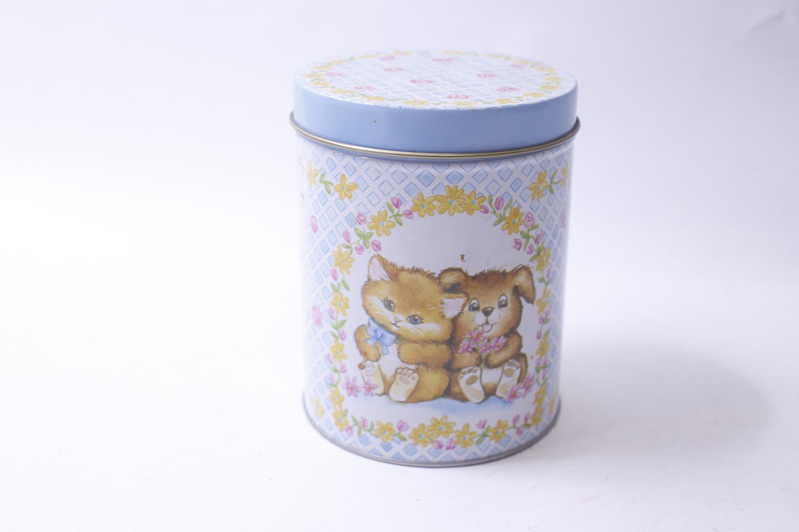 1980s Country Cylinder Tin Box With Cute Kitten and Puppy, Blue-white ...