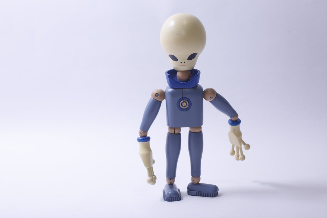 Wooden Jointed Alien, 9" Poseable Figure, Blue Body, White Head and ...