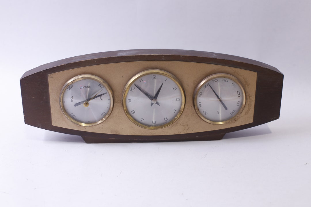 Vintage Tabletop Weather Station, Clock, Thermometer, Barometer, Wooden ...