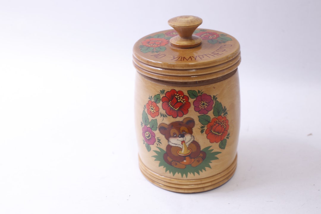 Russian Wooden Honey Pot, Floral Design, Signed, Udmurt Oil, Souvenir ...